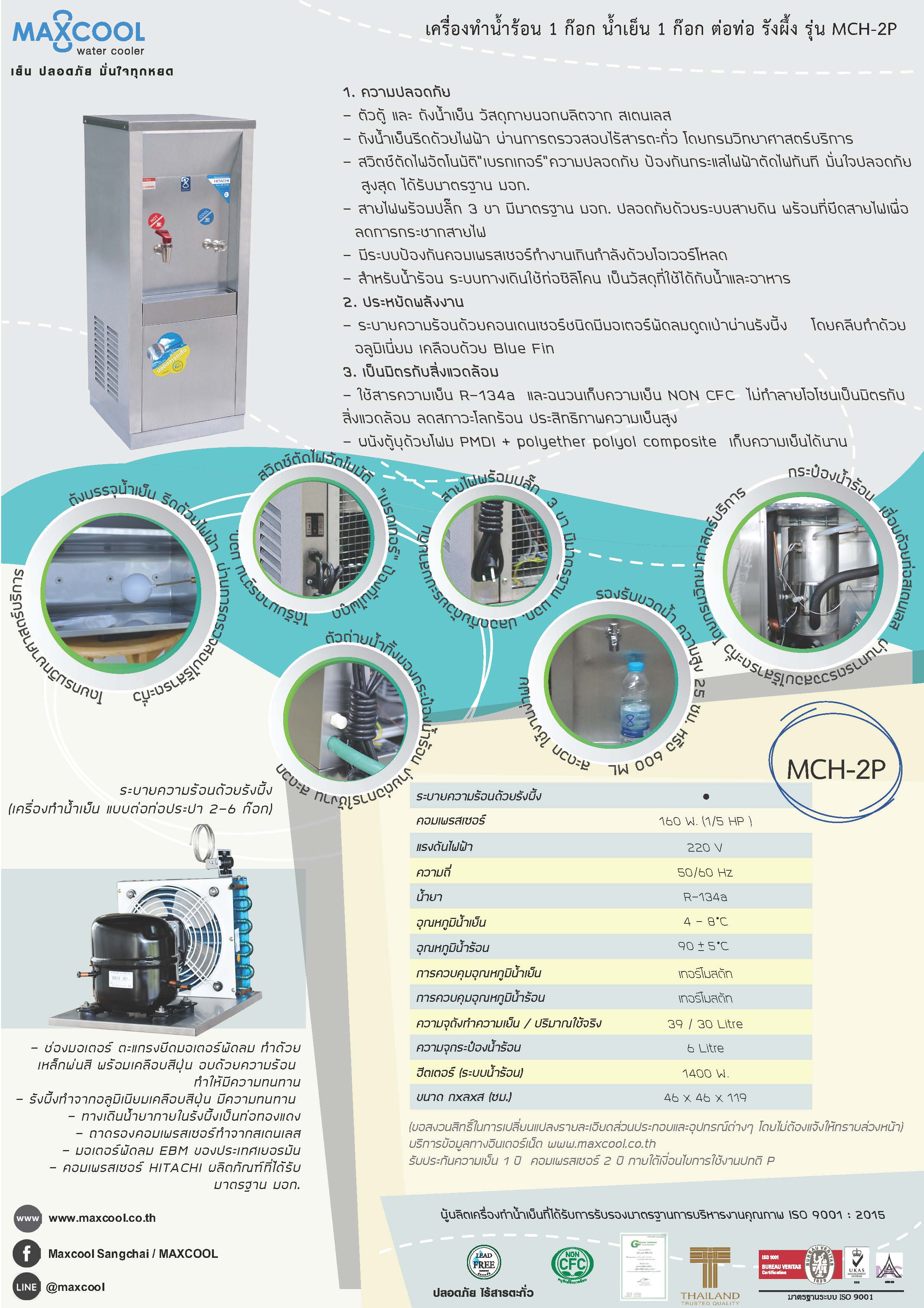 ตู้กดน้ำ สแตนเลส ต่อท่อ น้ำร้อน 1 ก๊อก น้ำเย็น 1 ก๊อก Maxcool - รุ่น MCH-2P: Green Water Shopping